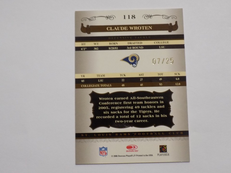 2006 Claude Wroten Donruss Classics Timeless Tributes Rookie Card #118 ...