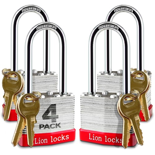 4 Keyed-Alike Padlocks w/ 2” Long Shackle, 8 Keys, Hardened Steel Pad ...