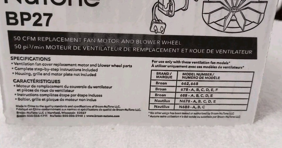 BP27 Broan Nautilus Vent Bath Fan Motor for 662 668 678 99080404 50N2 ...