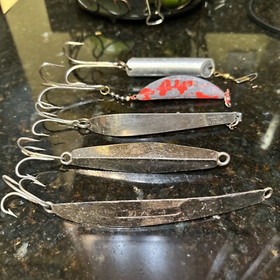 5 Vintage fishing lure lot, VI-KE, Rustfri Steel Jigs, Cod, Tuna ...