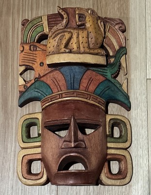 Hand Carved Wood Mayan Mask Warrior Pyramid Artwork Chichén Itza Jaguar ...
