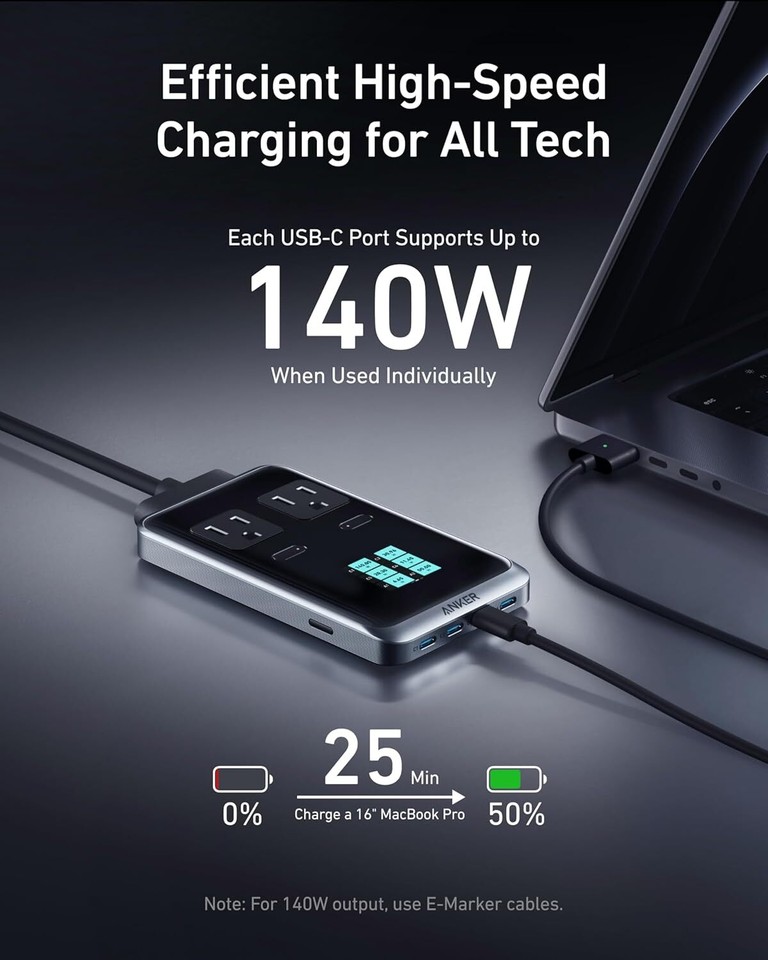 Anker Prime Charging Station 240W 8-in-1 USB C Power Strip 2-AC Ports ...