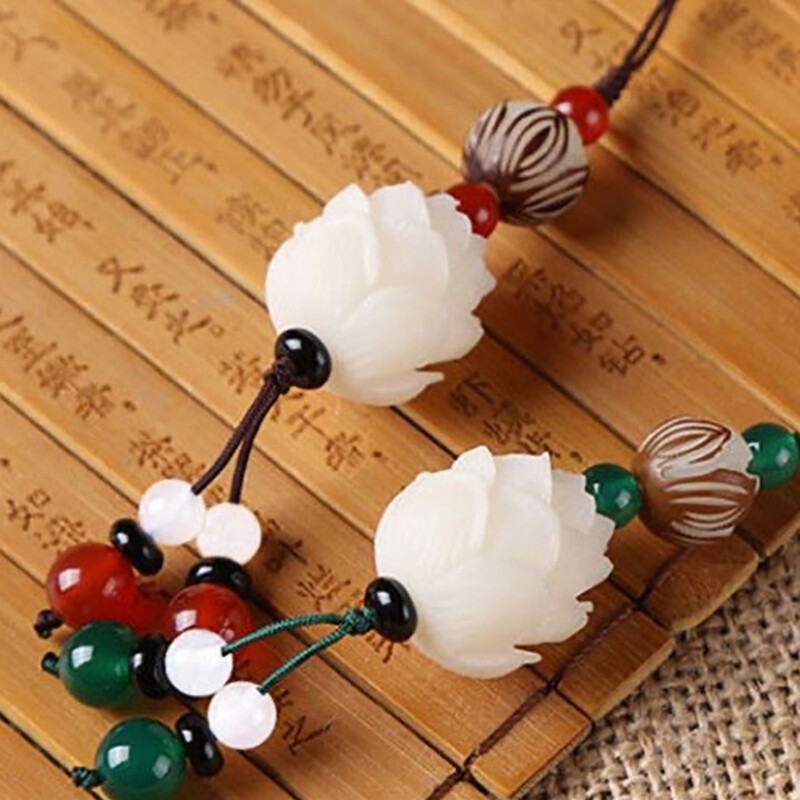 Vintage Handmade Carved Bodhi Lotus Flower Keychain Simple Beaded Key ...