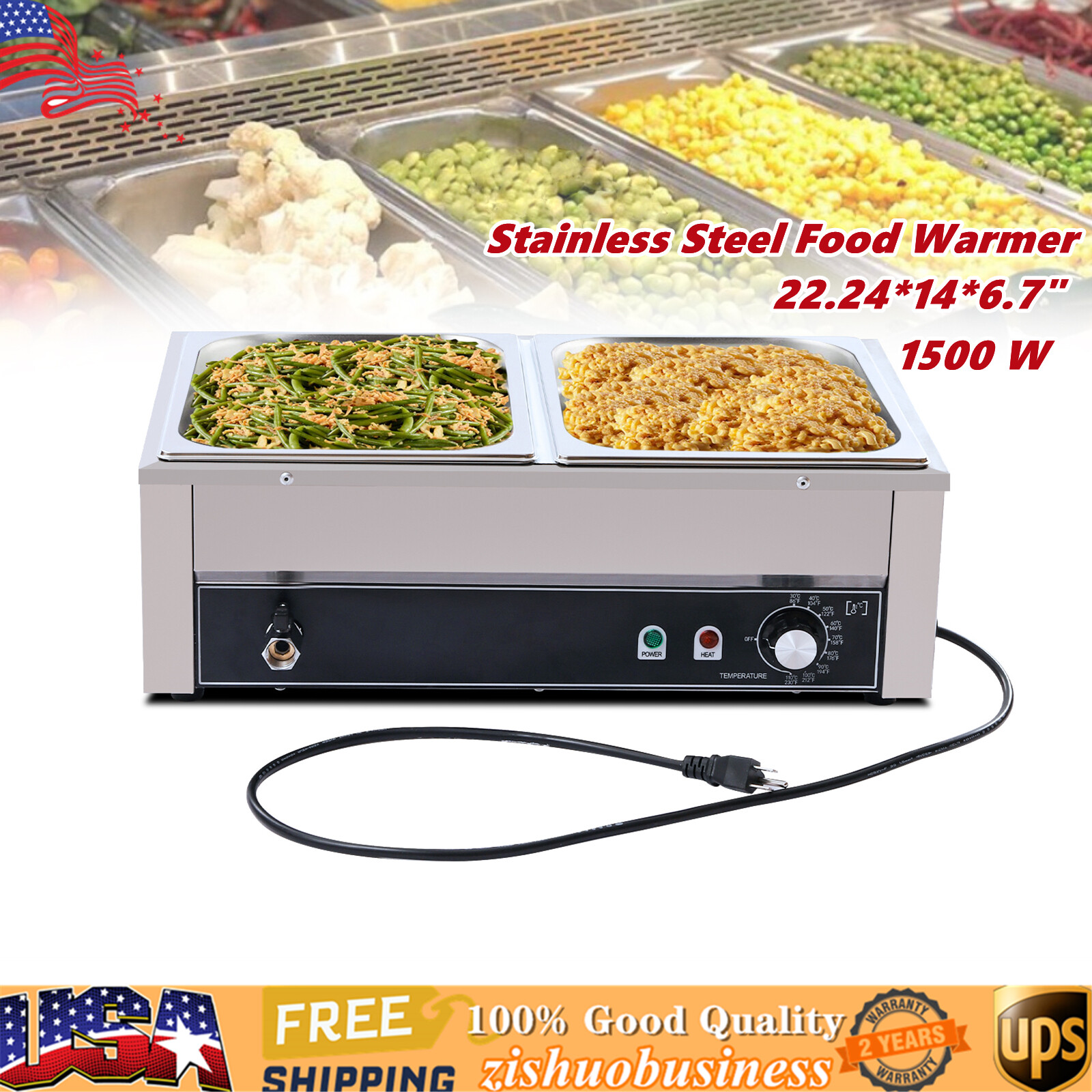 1500W Commercial Food Warmer 2-Pan Stainless Steel Electric Steam Table ...