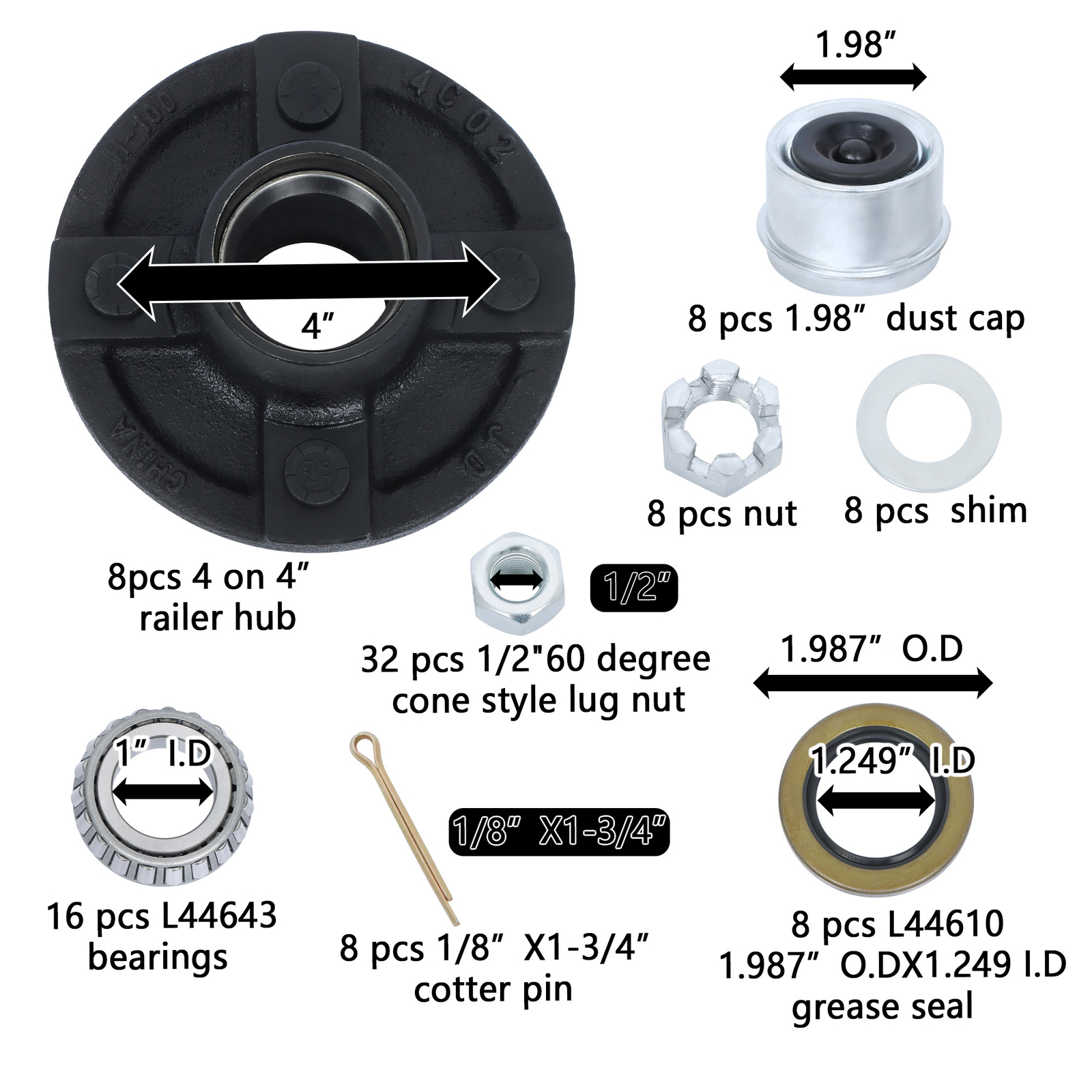 W/ 1" Round BT8 Spindle & 4 on 4" Bolt Idler Hub Pack of 8 Trailer Axle ...