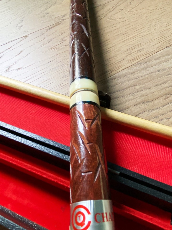 Champion Billiard Pool Cue Stick 2 Piece w/Case Carved Wood Tiki Brass ...