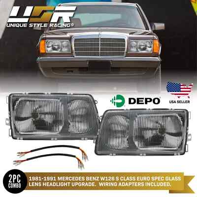 DEPO Euro Glass Headlight + 4to5 Pin Wire Adapters for 81-91 Mercedes ...