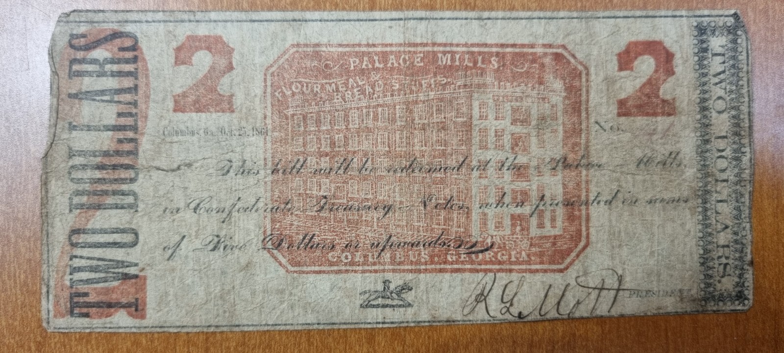 1861 Obsolete Currency Two Dollars Palace Mills Columbus Georgia Red ...