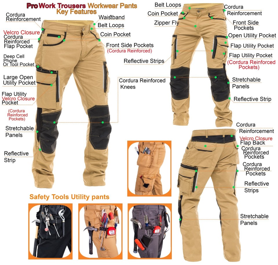 Men’s Heavy Duty Work Trousers Construction Utility & Reinforcement ...