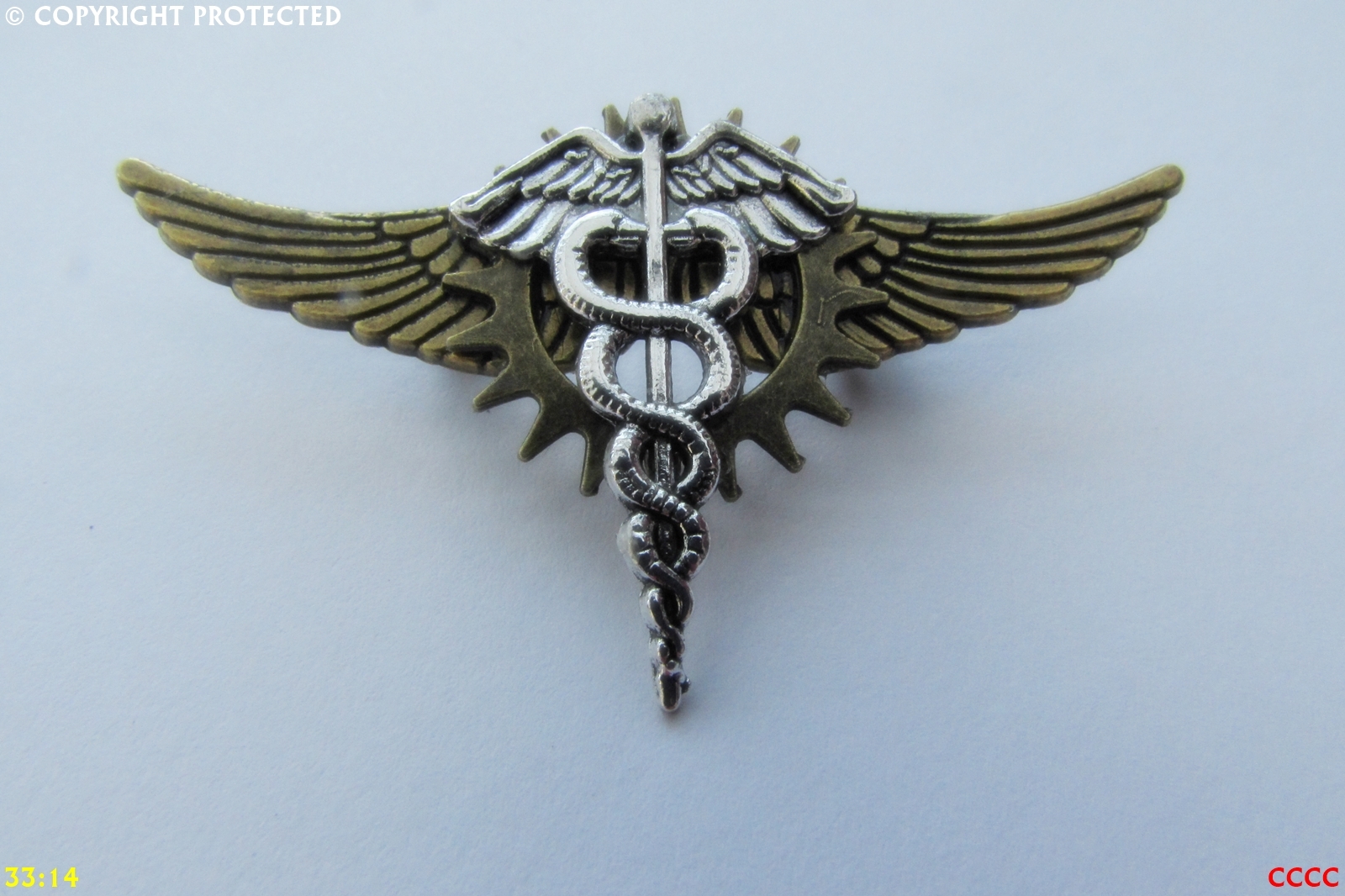steampunk goth brooch badge cog flying wings caduceus Rod of Hermes ...