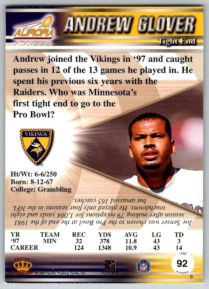 1998 PACIFIC AURORA ANDREW GLOVER MINNESOTA VIKINGS #92 | eBay