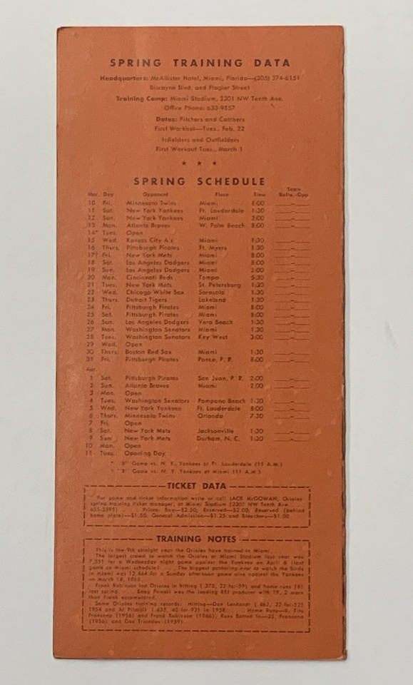1967 BALTIMORE ORIOLES SPRING TRAINING ROSTER AND SCHEDULE EXTREMELY ...
