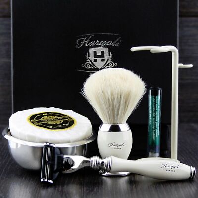 Men Shaving Set With White Badger Hair Brush, 3 Edge Razor, Stand ...