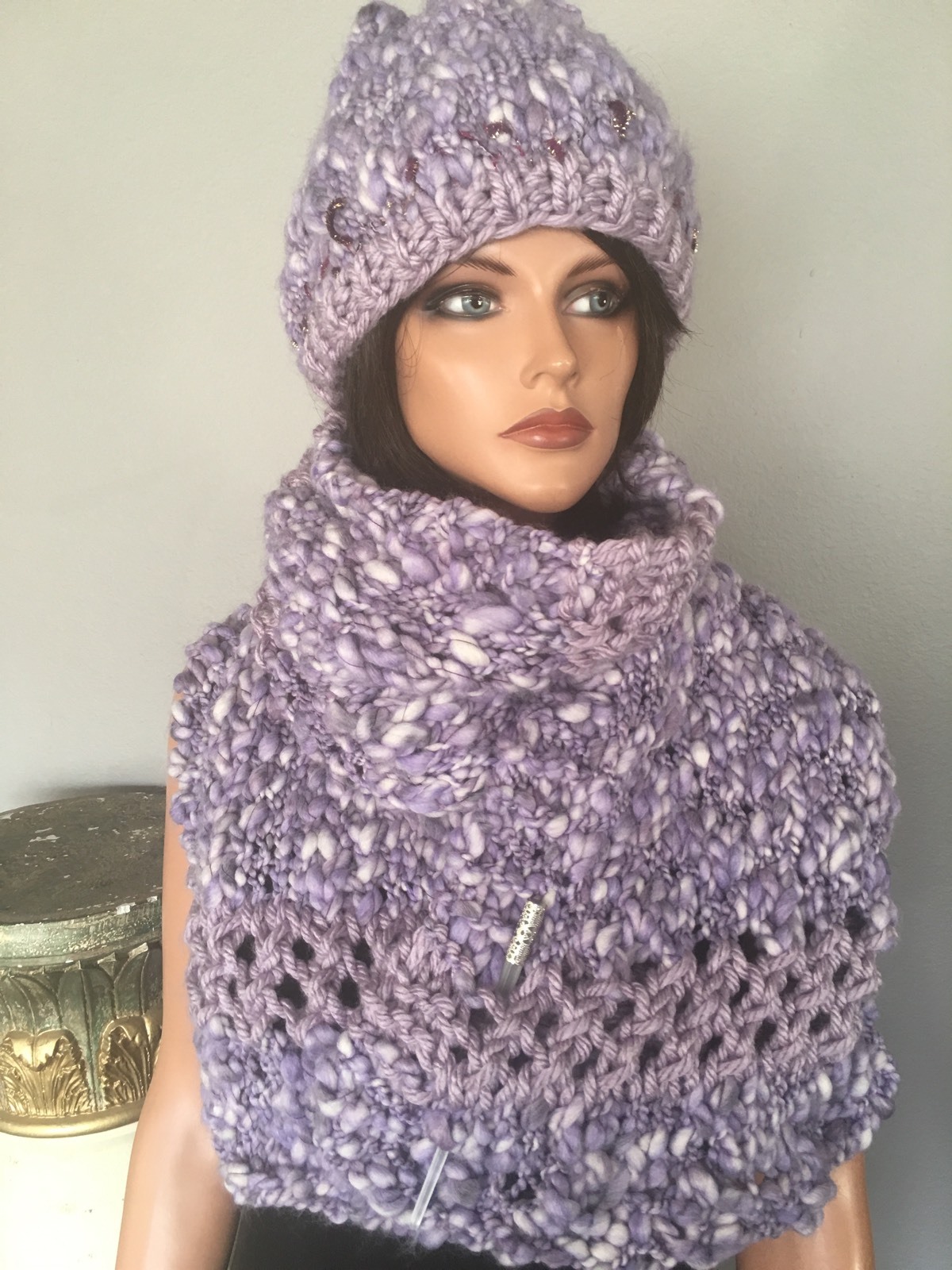 Hand Knit Shawl Hat Set Lilac Boucle Designer Fashion Chic Winter ...