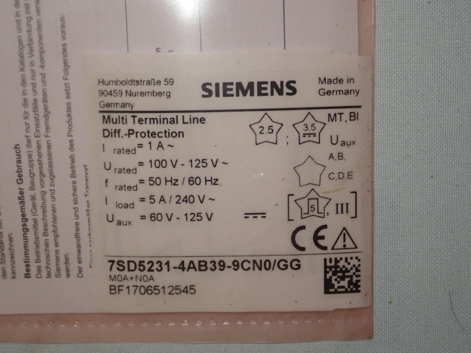 SIEMENS 7SD5231-4AB39-9CN0/GG SIPROTEC 7SD52 4-LINE DISPLAY FOR ...