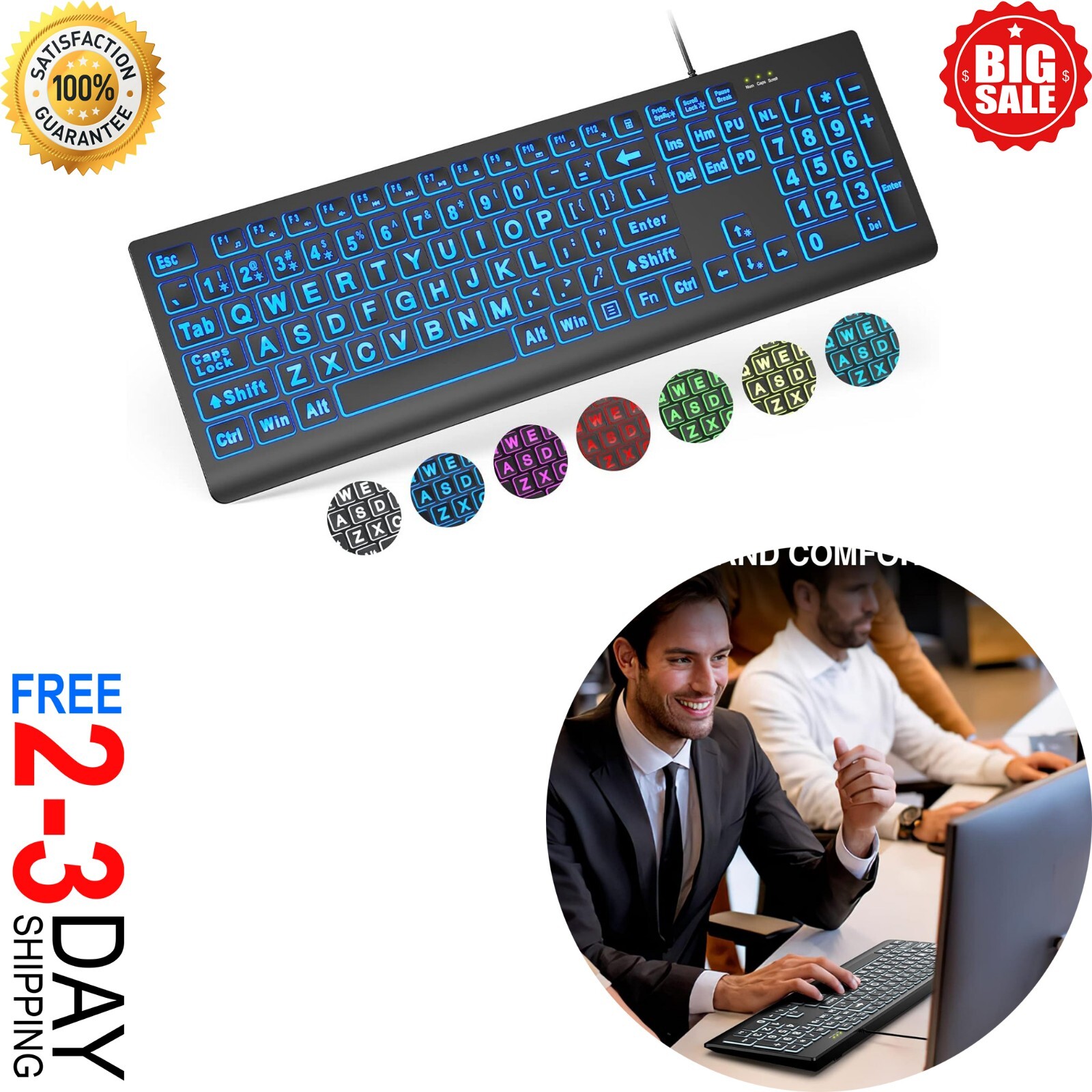 Large Print Backlit Keyboard, Wired USB Lighted Computer Keyboards with ...