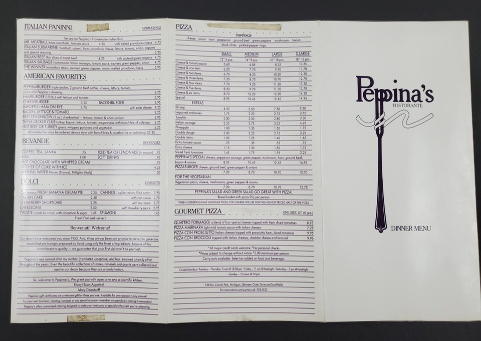 1990s Lincoln Park Michigan Peppina's Ristorante Restaurant Vtg Dinner ...