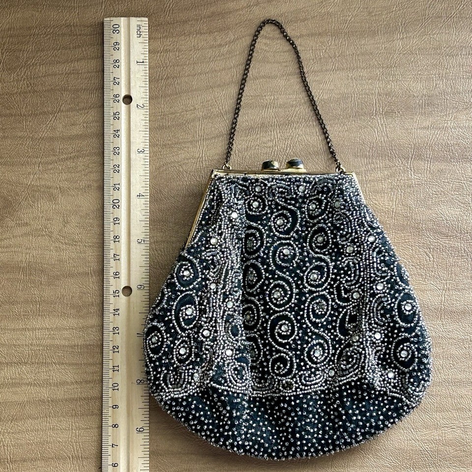 Vintage Hand Beaded Purse Made in France Black with Beads & Rhinestones ...