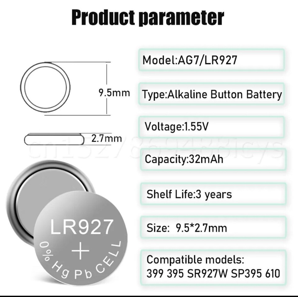 10 X AG7 Super LR927 LR57 395 399 SR927W SR57 T&E ALKALINE BUTTON ...