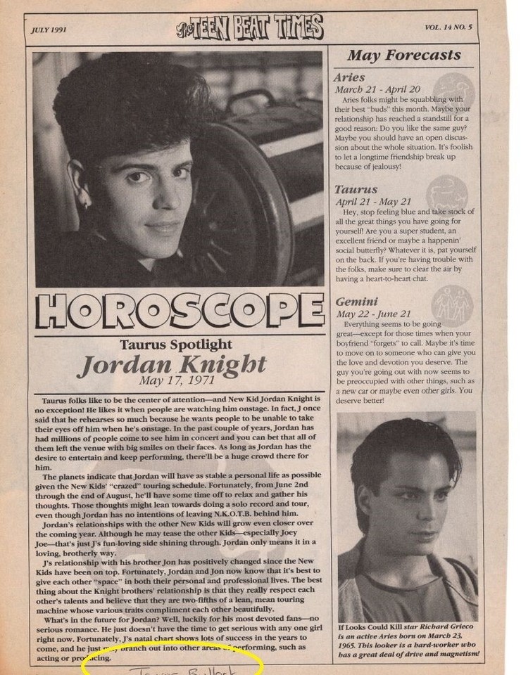 Trevor Bullock pinup Jordan Knight Richard Grieco Teen Beat clippings ...