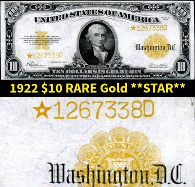 HGR SUNDAY 1922 $10 ***STAR*** GOLD Certificate ((RARE)) Only LIGHTLY ...