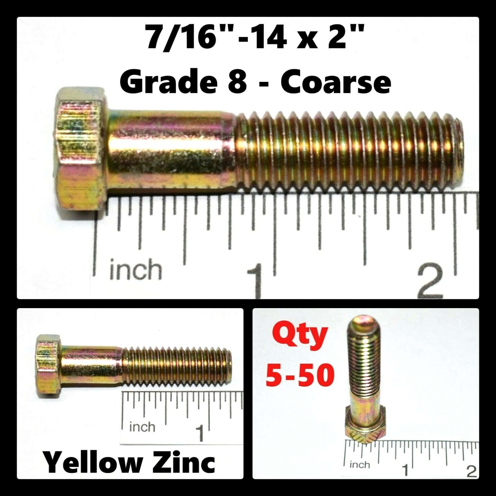 7/16"-14 x 2" Grade 8 Bolts Partial Thread Yellow Zinc Qty 5 - 50 Your ...
