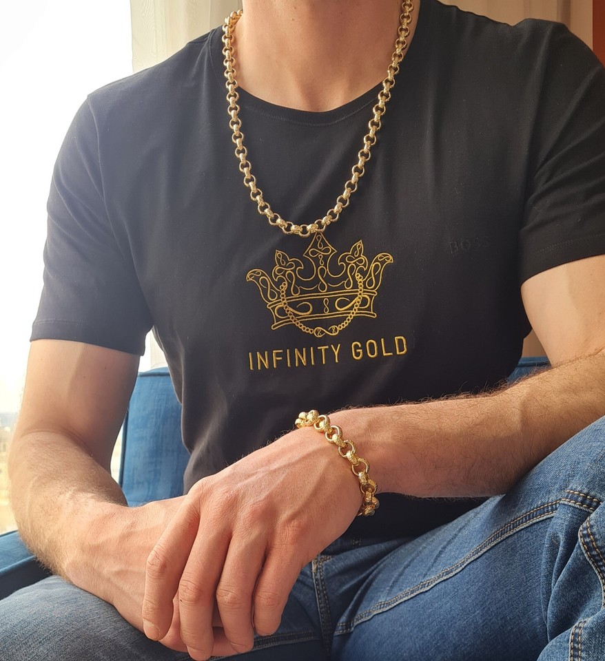 Mens 9ct Gold XP 12mm Diamond Cut Belcher Set 9" 24" Patterned Belcher ...