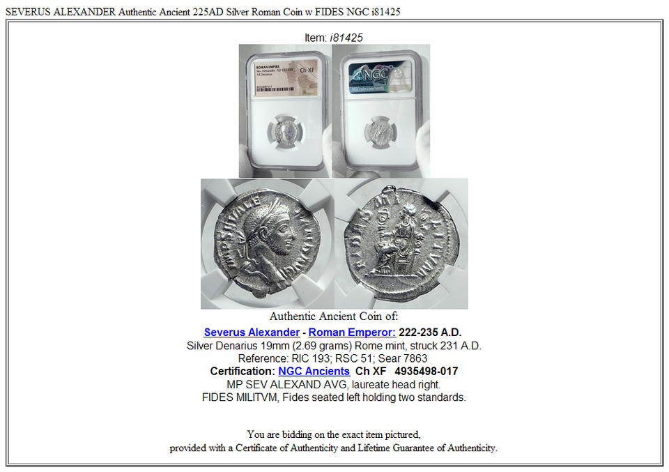 SEVERUS ALEXANDER Authentic Ancient 225AD Silver Roman Coin w FIDES NGC ...