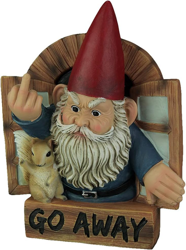 Grumpy Gnome and Squirrel Rude Gesture Go Away Wall Hanging ...