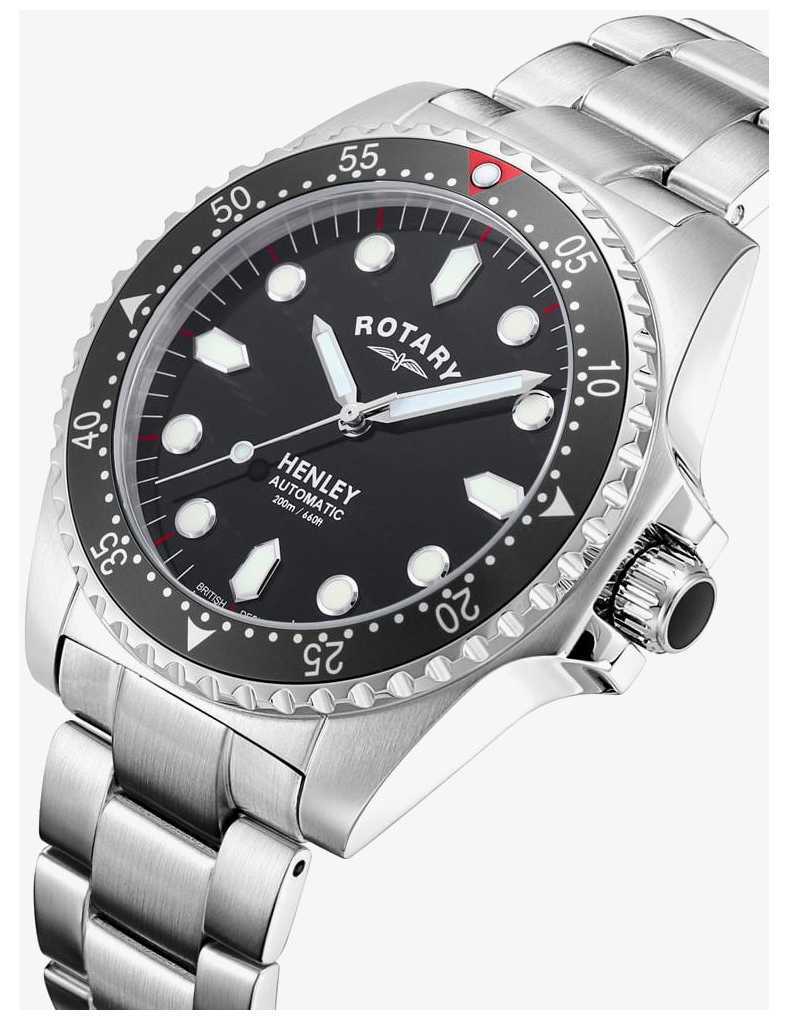 Rotary Mens Henley Automatic Watch With Silver Strap & Black Dial ...