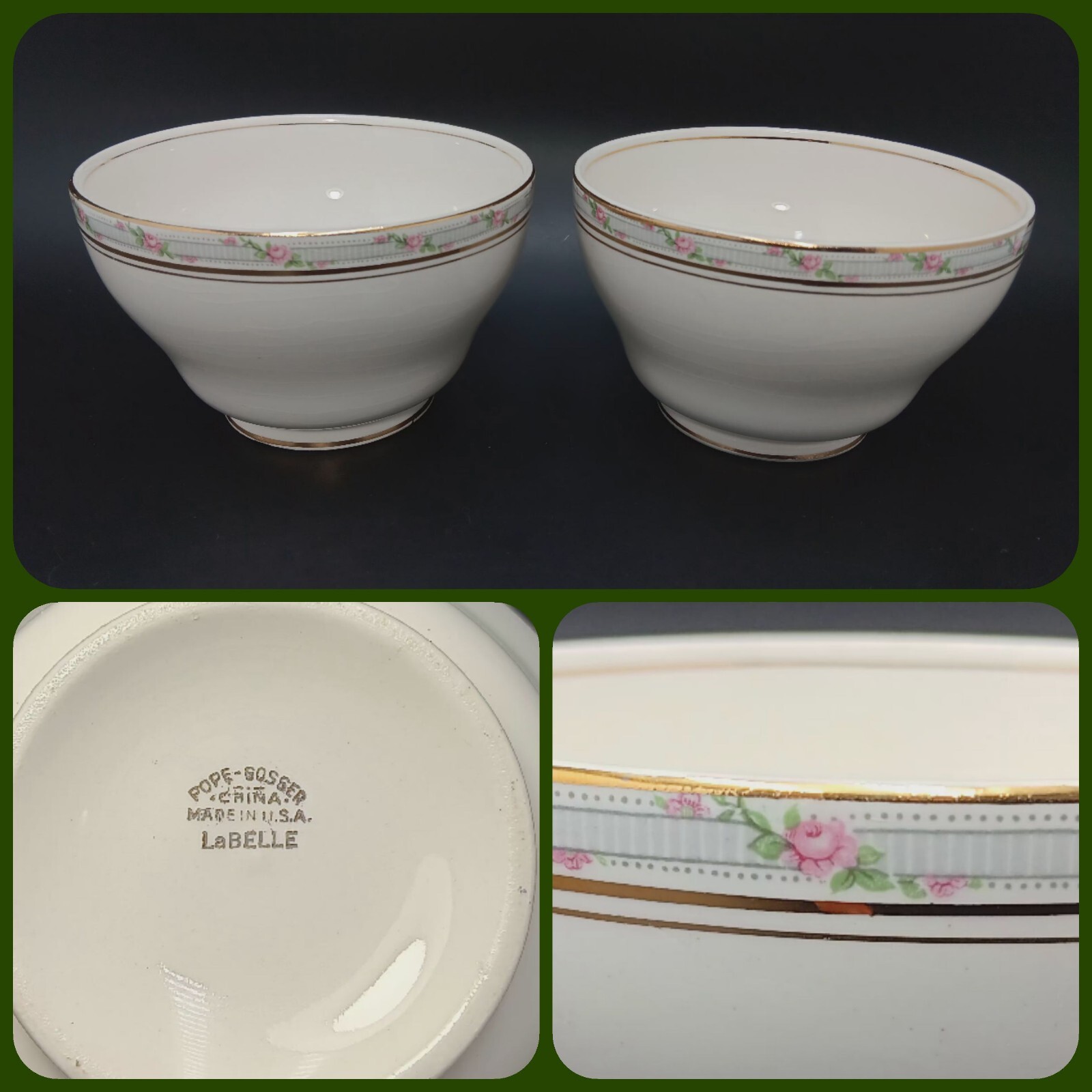 2 Pope Gosser Labelle Soup Cup Bowl 4.75" Vintage Replacement Rose & Gold Trim | eBay