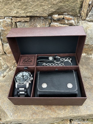Folio Men’s Gift Set: Watch Black Rubber Silicone Band, Wallet & Pocket ...
