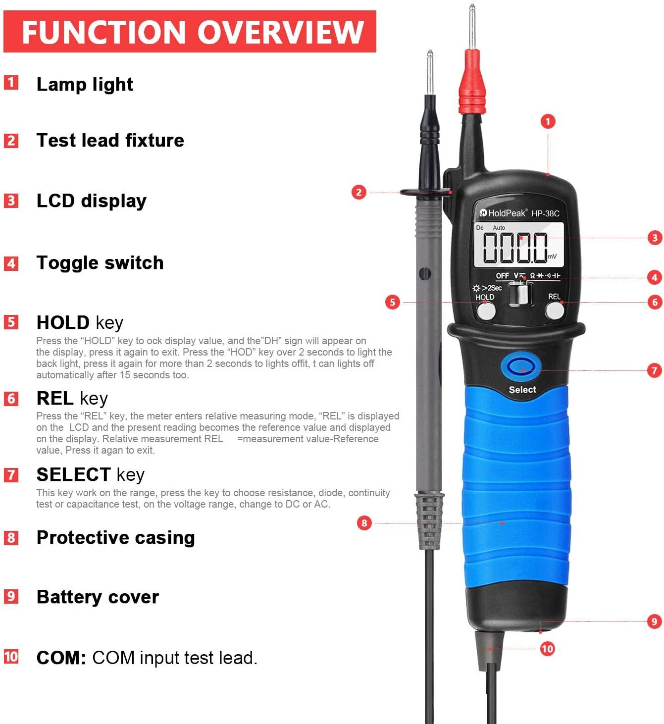 HOLDPEAK Digital Multimeter Pen Type Meter DC AC Voltage Continuity ...