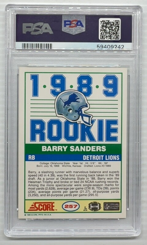 1989 Score Football Barry Sanders Rookie RC Card #257 PSA 8 Detroit ...