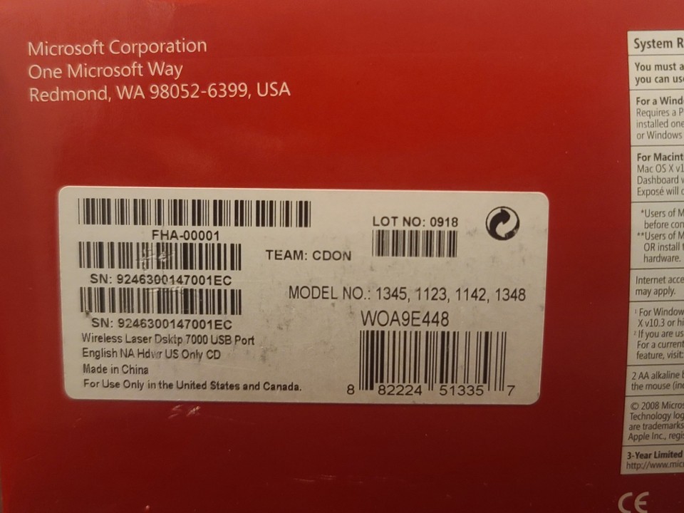 Microsoft Wireless Laser Desktop 7000 (included mouse, keyboard, usb ...