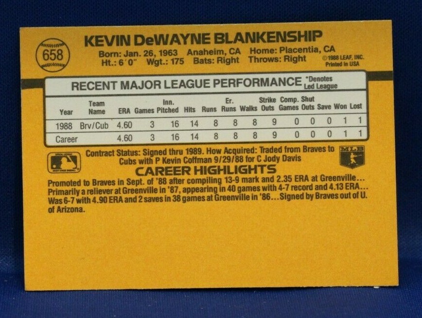 1989 Donruss (Cubs) Kevin Blankenship Baseball card #658 | eBay