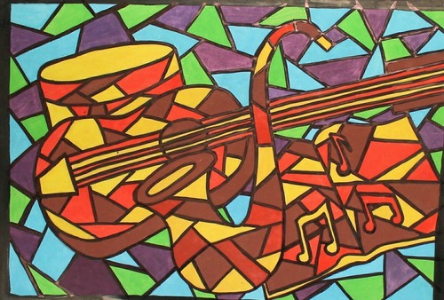 Vintage cubist gouache painting still life with guitar and saxophone ...