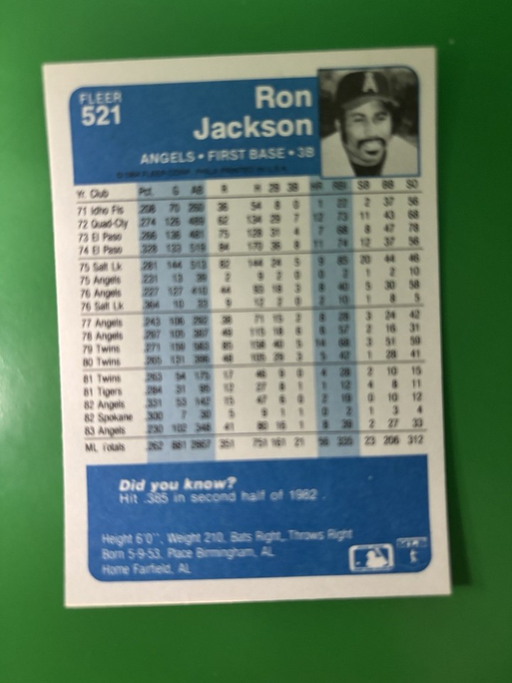 1984 Fleer Ron Jackson California Angels #521 | eBay
