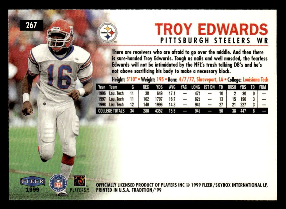 Troy Edwards 1999 Fleer Tradition Rookie Card #267 Pittsburgh Steelers ...