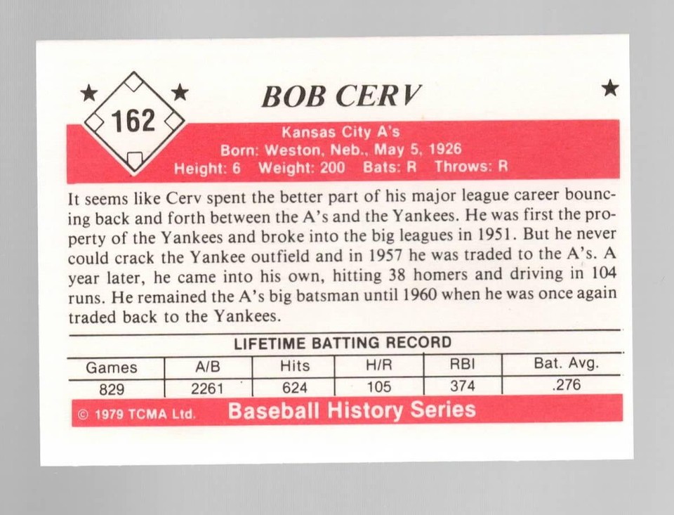 1979 TCMA The 1950’s Bob Cerv Kansas City Athletics #162 Near Mint or ...