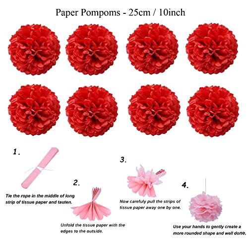 ZERODECO Party Decoration, 21 Pcs Red Hanging Paper Fans Pom Poms ...