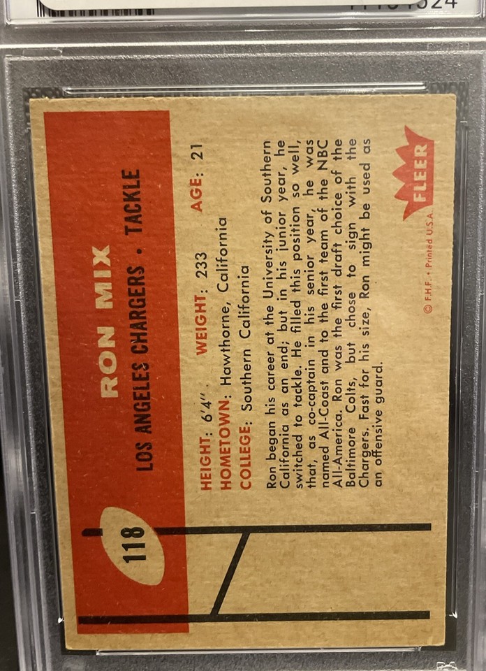 1960 Fleer Ron Mix #118 San Diego Chargers - PSA 6 ExMt- HOF RC Rookie ...