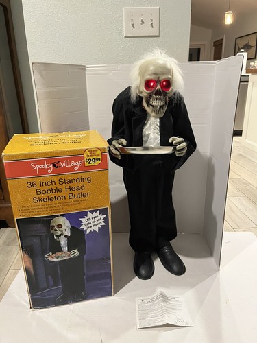 Spooky Village Animated Halloween 3' Skeleton Butler Bobble Head Candy ...