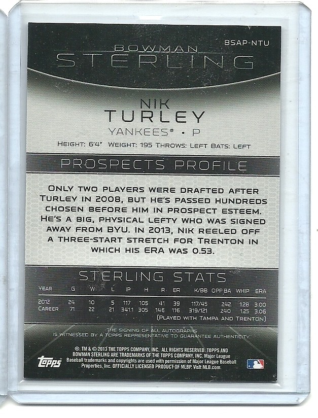 2013 BOWMAN STERLING NIK TURLEY AUTO RC ROOKIE AUTOGRAPH - YANKEES ...