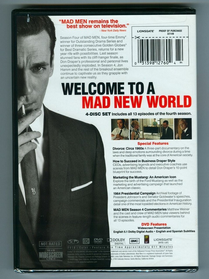MAD MEN: Season Four! Brand New DVD 4-Disc Set! Classic AMC TV Series ...
