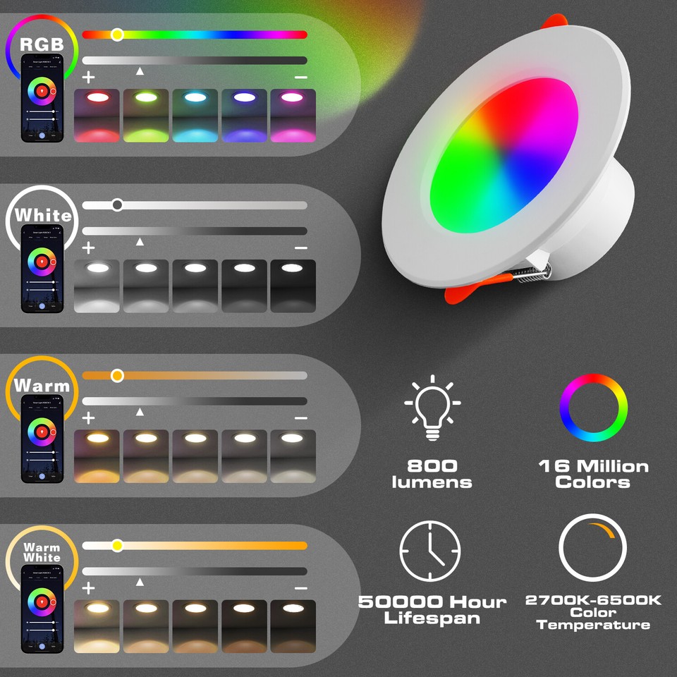 Smart Recessed Lighting 4 Inch Color Changing 12W LED Downlight Ceiling ...