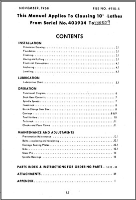 Lathe Instruction Maintenance Manual Fits Clausing 4900 Series 10 inch ...