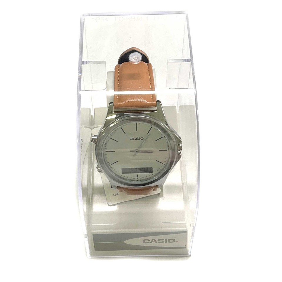 Casio Watch Men White Face 46mm Round Tan Leather Analog Digital Box ...