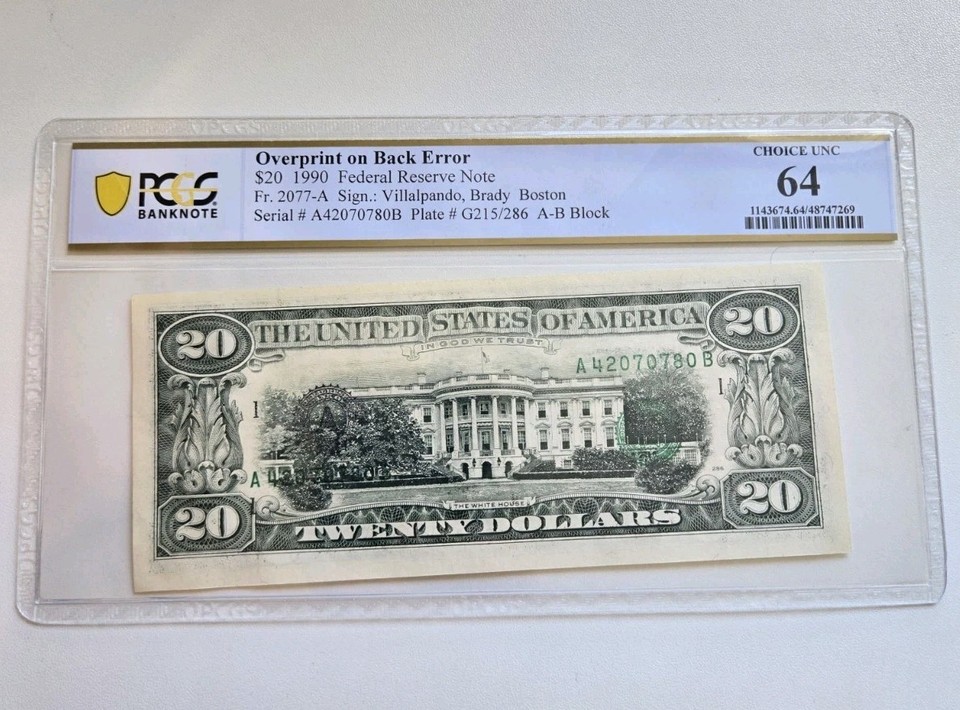 1990 $20 Overprint on Back Error - Fr. 2077A- PCGS 64 Choice UNC | eBay
