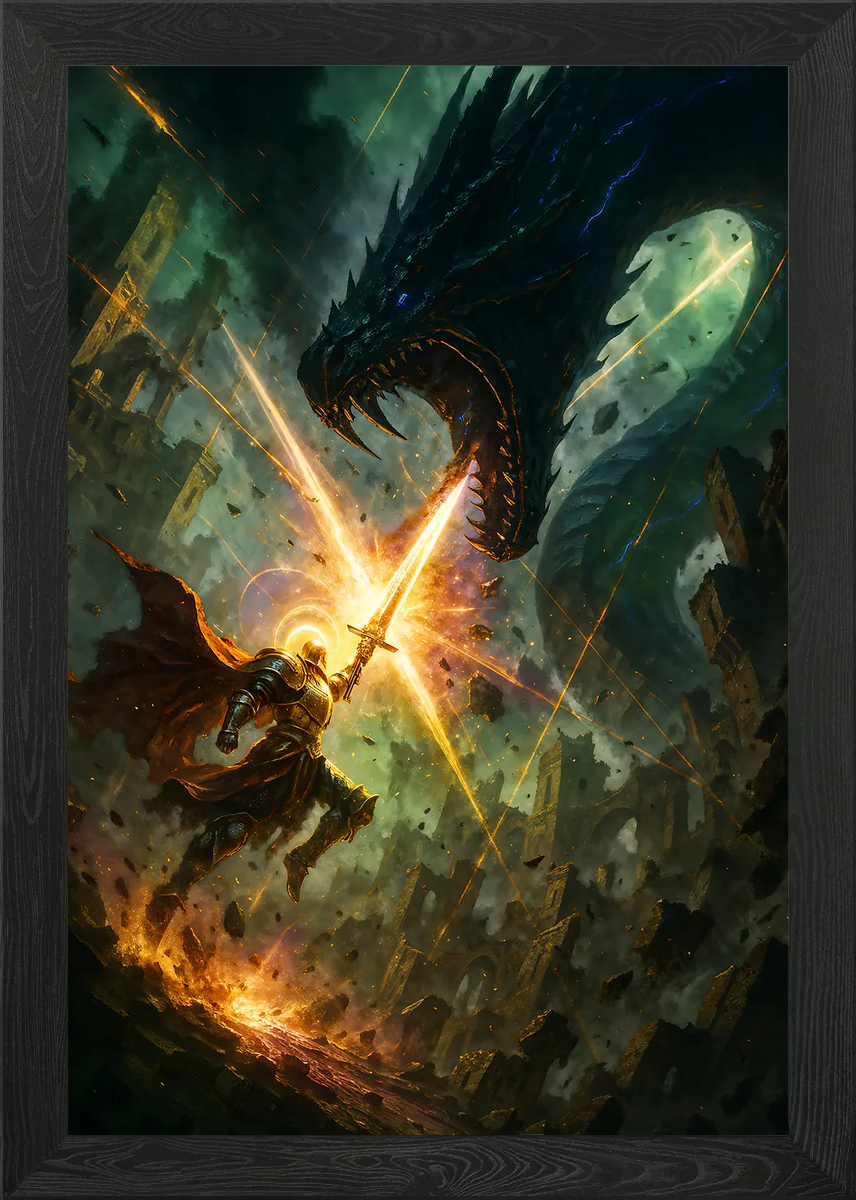 Knight versus Dragon Fantasy Art Framed Wall Art Poster Canvas Print ...